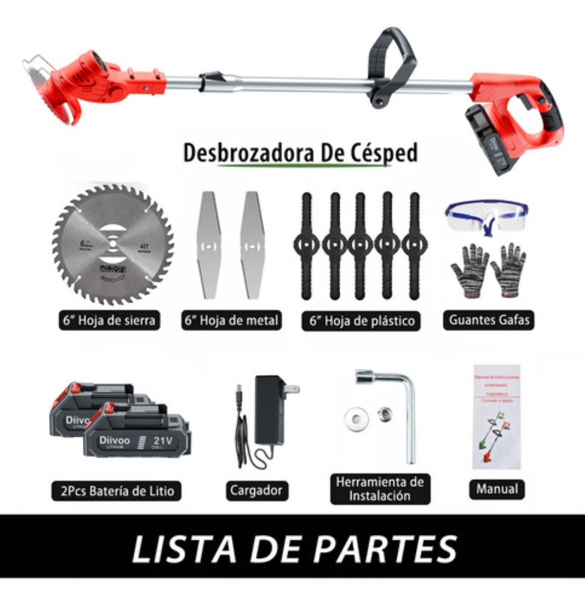 Desbrozadora Eléctrica Inalámbrica Podadora Pasto 2 Baterías roja