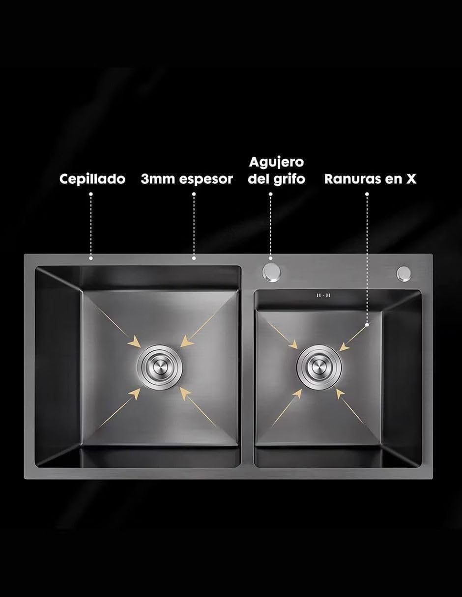 MEER FAUCETS BY CNX Kit de Cocina con Tarja Doble, Mezcladora Negra ...