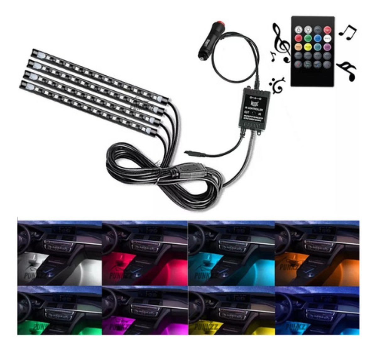 Tiras 48 Led Rgb Interior Control Remoto Luz Para Auto NEGRO