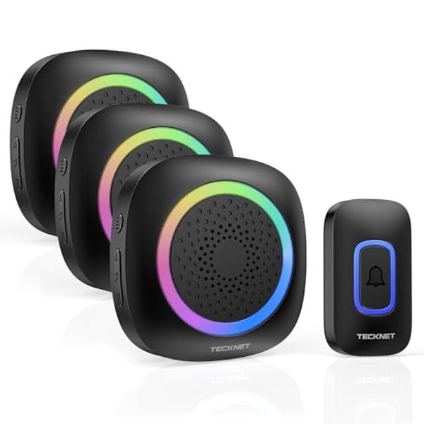 Timbre inalámbrico TECKNET con 3 timbres portátiles y luz RGB, kit de ...