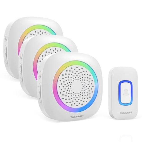 Timbre inalámbrico TECKNET con 3 timbres portátiles y luz RGB, kit de ...