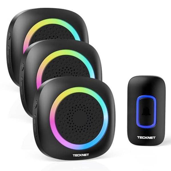 Timbre inalámbrico TECKNET con 3 timbres portátiles y luz RGB, kit de ...