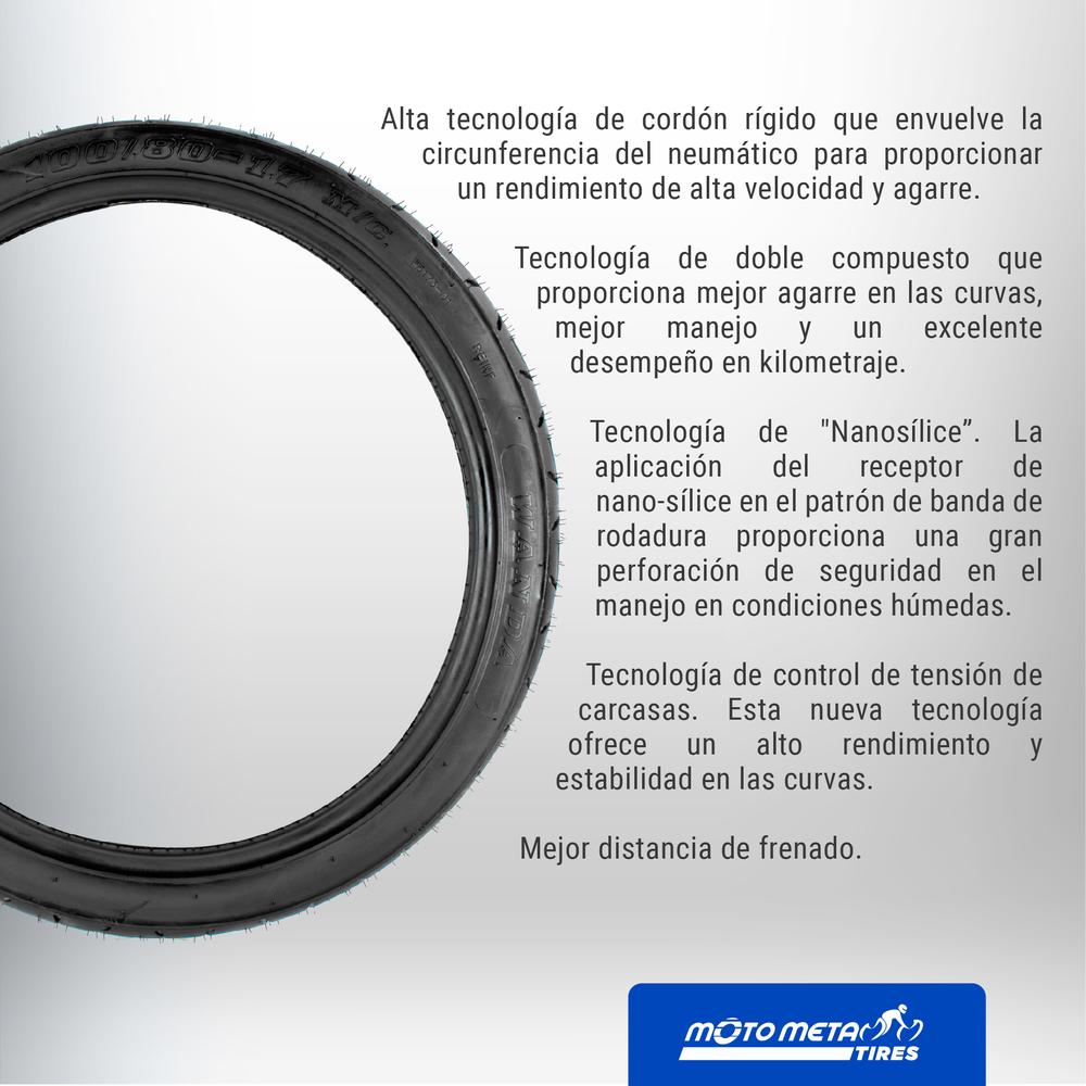 Llanta 100/80-17 para moto uso sin camara tubeless front 58P P6173 Motometa