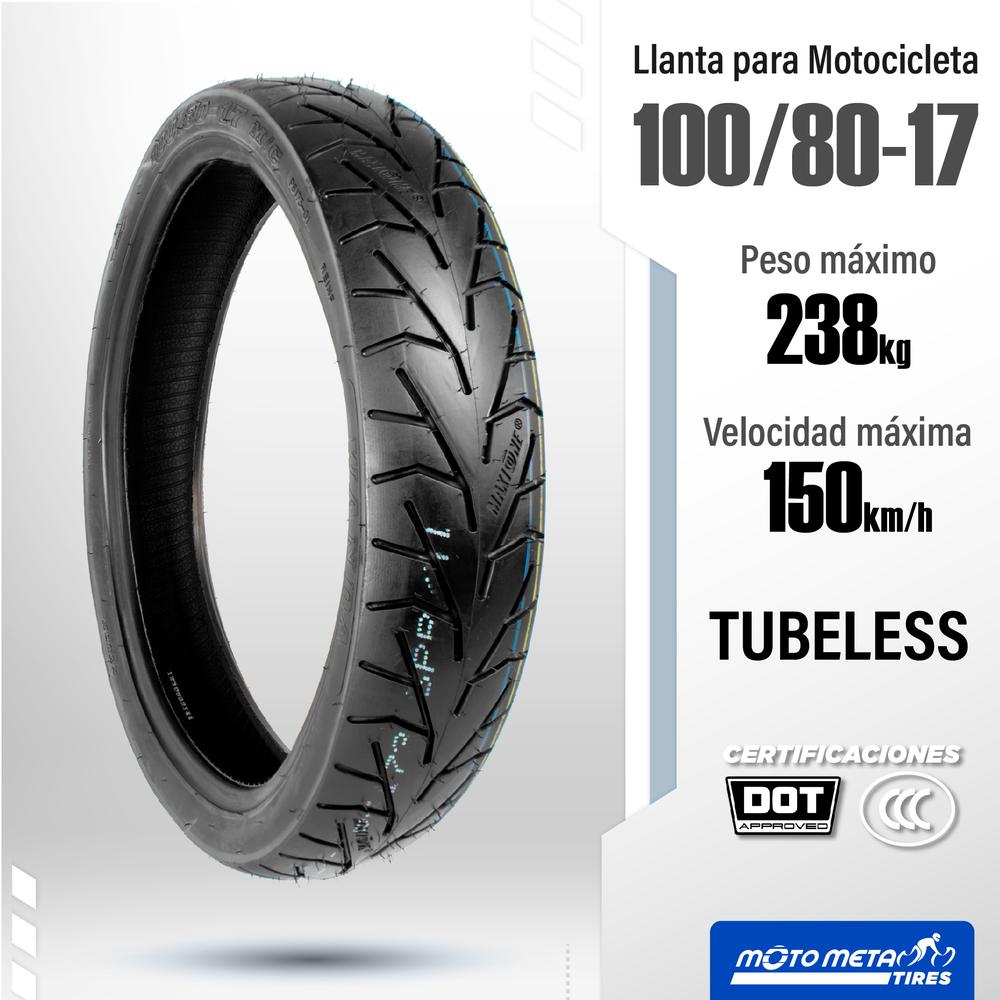 Llanta 100/80-17 para moto uso sin camara tubeless front 58P P6173 Motometa