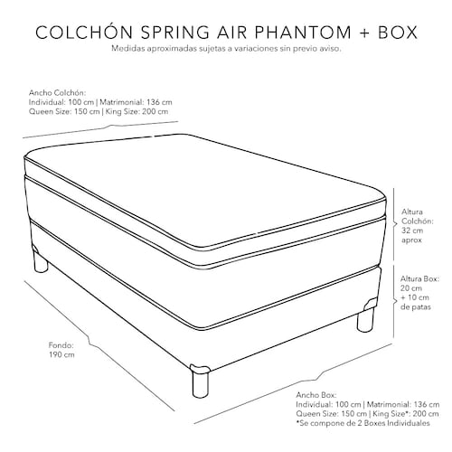 Colchón Queen Size Spring Air Phantom Con Box Negro, Almohada One y ...