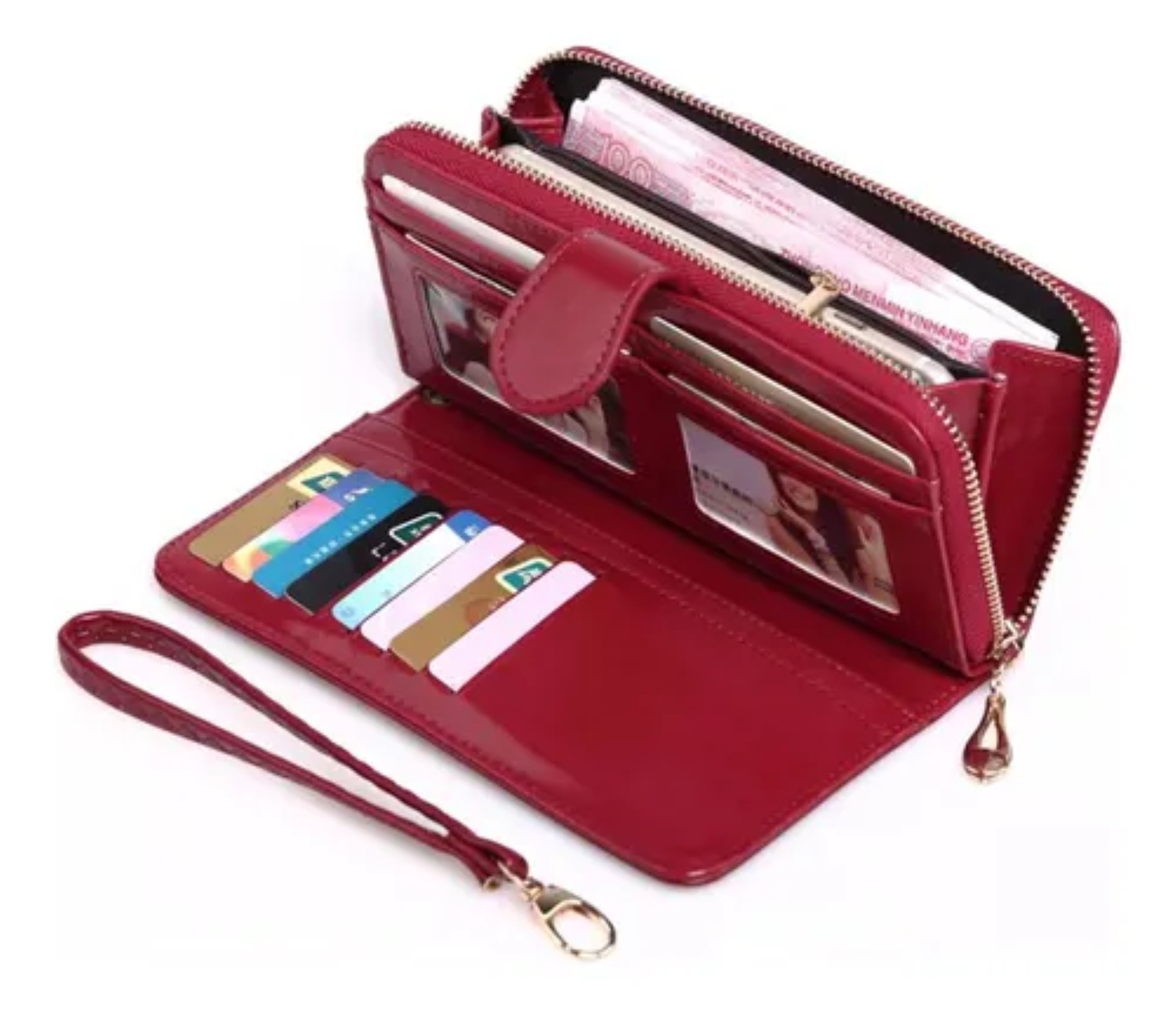 Cartera De Mujer De Gran Capacidad, Cartera Larga De Cuero Color Rojo
