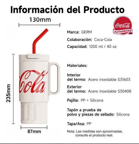 Termo de acero inoxidable color blanco de 1.2 litros, Coca Cola