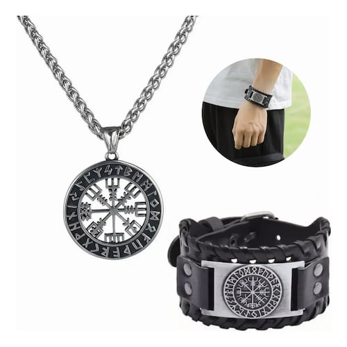 Collar Y Pulcera Con Brújula De Runas Vikingas Acero Inoxidab