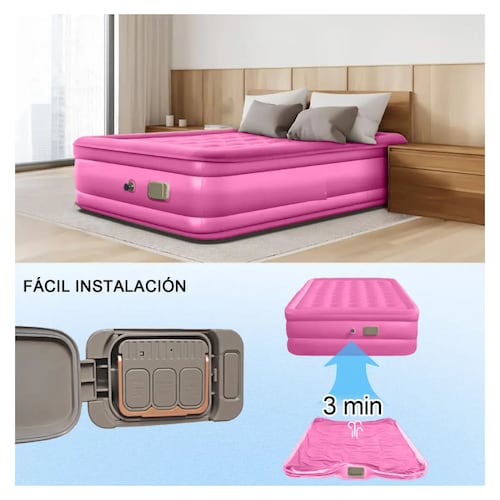 Colchón Inflable Queen Premium Bomba Inalámbrica Color Rosa